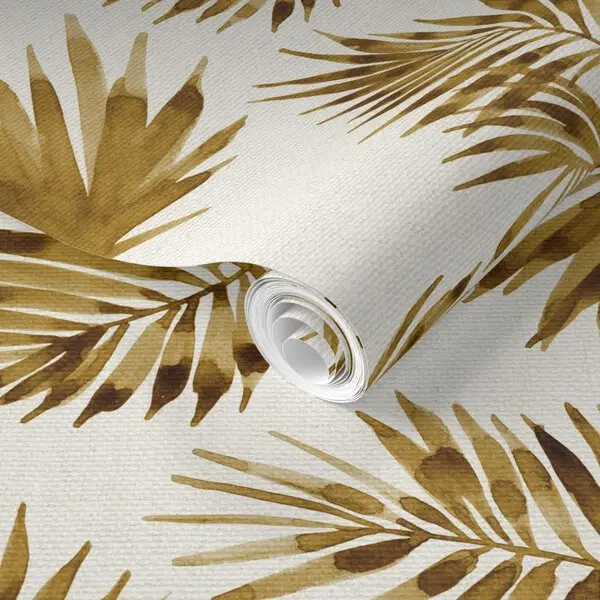 Spoonflower Palm Leaves Copper Bone Floral Nature Leaf Summer Custom Pre-pasted Wallpaper - Copper,white,brown