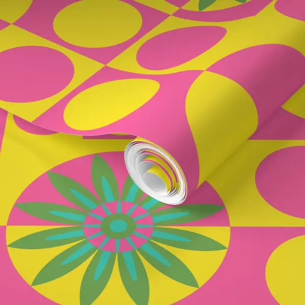 Spoonflower Pink Green Yellow Teal Blue Flowers Floral Circles Custom Pre-pasted Wallpaper - Yellow,pink