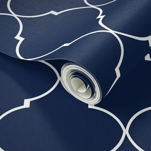 Spoonflower Trellis Navy Moroccan Ogee Quatrefoil White Blue Custom Pre-pasted Wallpaper - Blue,white,gray