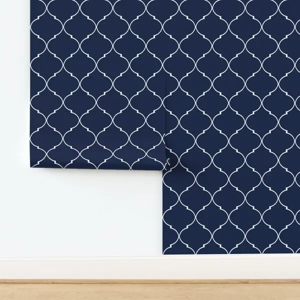 Spoonflower Trellis Navy Moroccan Ogee Quatrefoil White Blue Custom Pre-pasted Wallpaper