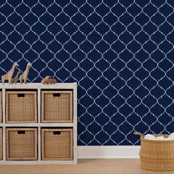 Spoonflower Trellis Navy Moroccan Ogee Quatrefoil White Blue Custom Pre-pasted Wallpaper