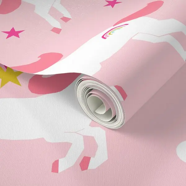 Spoonflower Unicorn Micro Mini Tiny Unicorns Custom Pre-pasted Wallpaper - Pink,brown