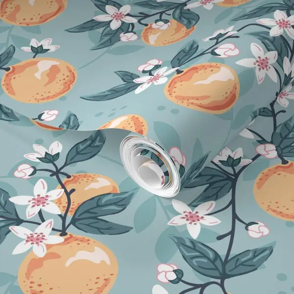 Spoonflower Blue Flowers Leaves Floral Orange Fruit Citrus Custom Removable Wallpaper - Blue,orange,gray