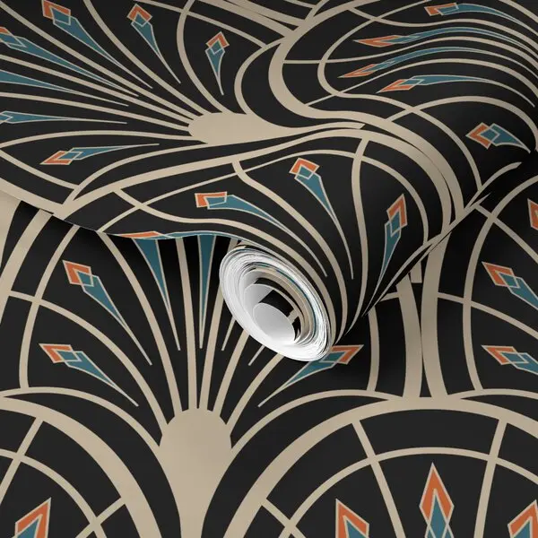 Spoonflower Black Gold Art Deco Fan Jewel Tone Scallops Custom Removable Wallpaper - Gray,brown
