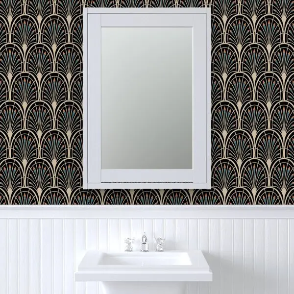 Spoonflower Black Gold Art Deco Fan Jewel Tone Scallops Custom Pre-pasted Wallpaper - Gray,brown