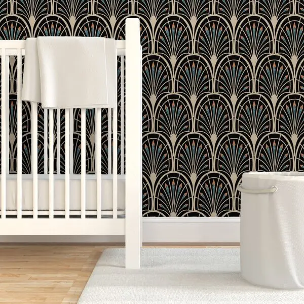 Spoonflower Black Gold Art Deco Fan Jewel Tone Scallops Custom Pre-pasted Wallpaper - Gray,brown