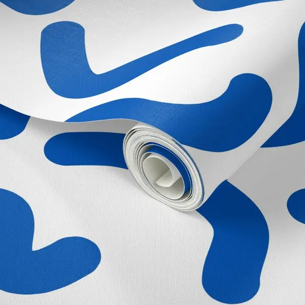 Spoonflower Abstract Retro Look 1980s Blue White Squiggles Custom Pre-pasted Wallpaper - Blue,white
