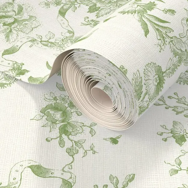 Spoonflower Green Flowers Fruit Summer Roses Bee Toile 100% Natural Sisal Grasscloth Wallcovering - Green,gray