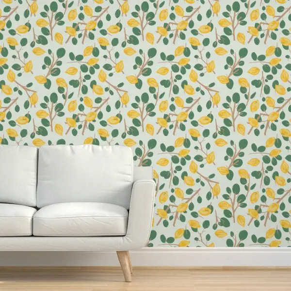Spoonflower Lemon Trees Pastel Mint 100% Natural Sisal Grasscloth Wallcovering - Blue,mint,green
