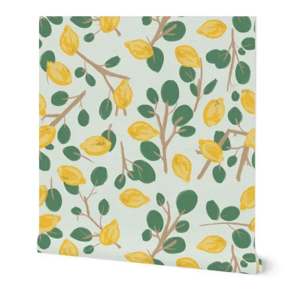 Spoonflower Lemon Trees Pastel Mint 100% Natural Sisal Grasscloth Wallcovering - Blue,mint,green
