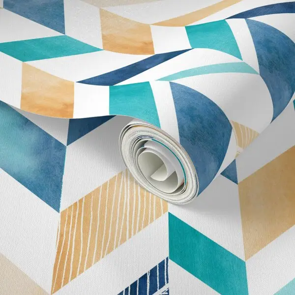 Spoonflower White Gold Turquoise Indigo Custom Pre-pasted Wallpaper - Blue,green,brown