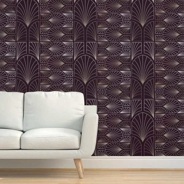 Spoonflower Art Deco Dark 100% Natural Sisal Grasscloth Wallcovering - Purple