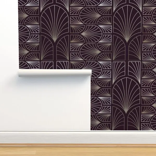 Spoonflower Art Deco Dark 100% Natural Sisal Grasscloth Wallcovering - Purple