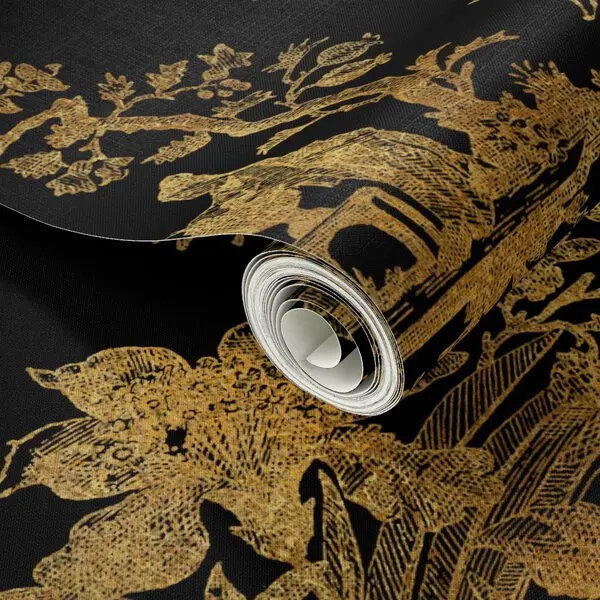 Spoonflower Chinoiserie Toile Lacquerware Gilt Black Gold Traditional Wallpaper - Black,brown,gray