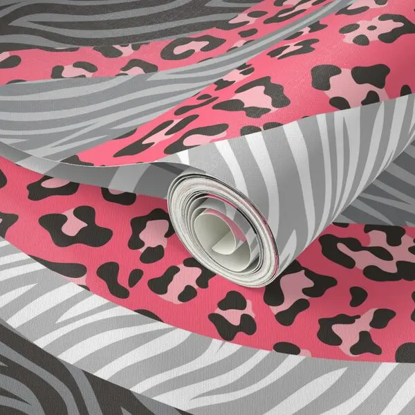 Spoonflower Abstract Cat Autumn Fall Jungle Zebra Spring Traditional Wallpaper - Pink,gray,red