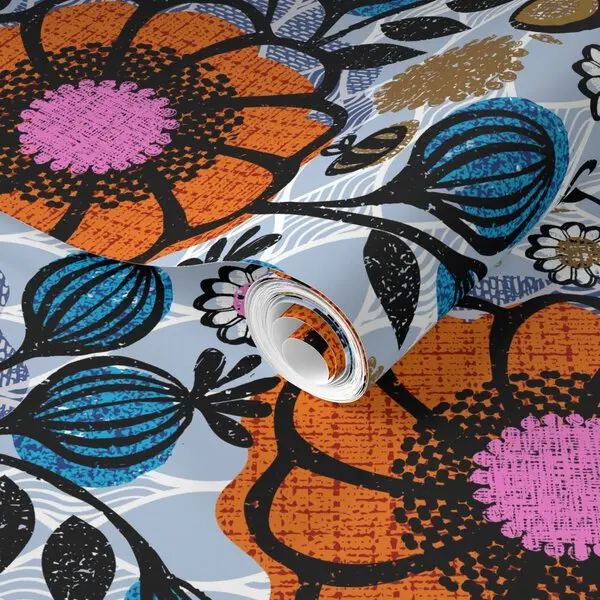 Spoonflower Ottomanbrimdesigns Flowers African Inspired Wax Custom Removable Wallpaper - Blue,orange,brown