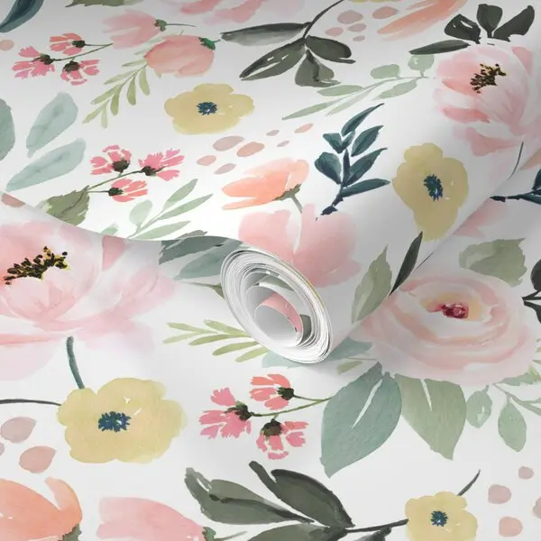 Spoonflower Pink Flowers Leaves Nature Orange Peach Custom Removable Wallpaper - Pink,white,gray