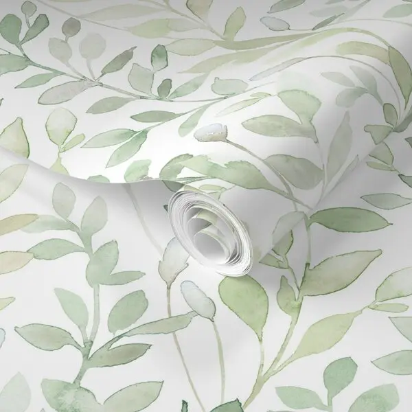 Spoonflower White Green Leaves Nature Light Fresh Custom Pre-pasted Wallpaper - Green,gray