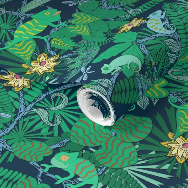 Spoonflower Green Leaves Floral Branches Animal Tropical Custom Pre-pasted Wallpaper - Green,blue,sage
