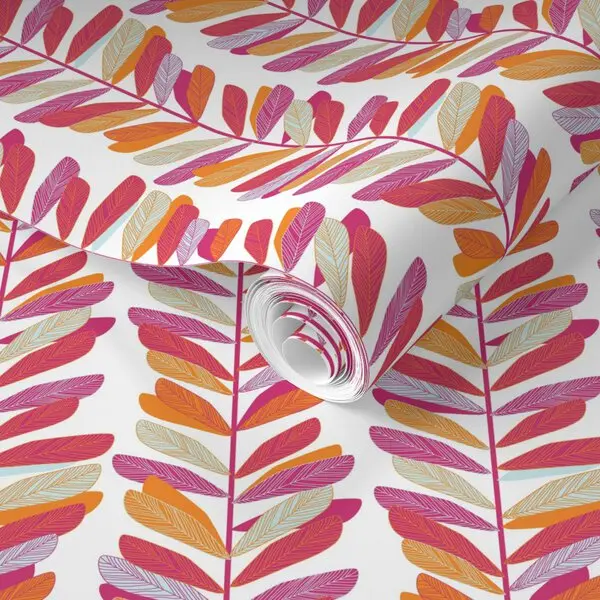 Spoonflower Branches Pink Mod Modern Leaves Orange Tangerine Traditional Wallpaper - Pink,orange