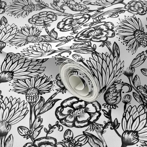 Spoonflower Black And White Flower Floral Nature Neutral Custom Pre-pasted Wallpaper - Black,white,gray