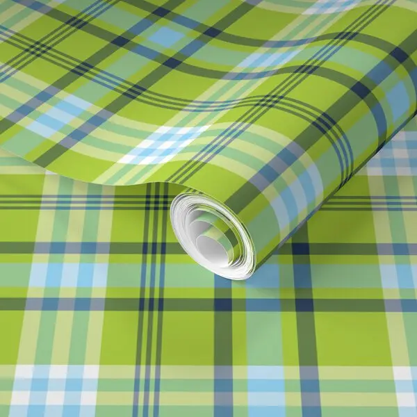 Spoonflower Green And Blue Plaid Pattern Tartan Lime Aqua Custom Pre-pasted Wallpaper - Green,blue