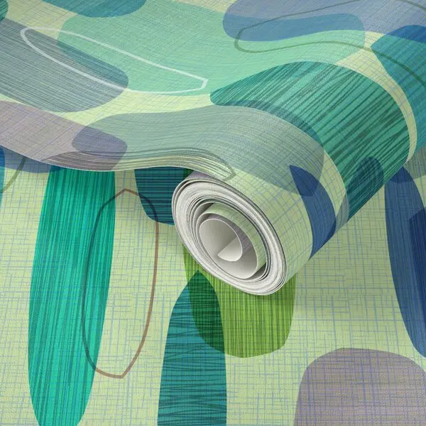 Spoonflower Green Blue Abstract Aqua 60s Periwinkle Texture Custom Pre-pasted Wallpaper - Green,mint,blue