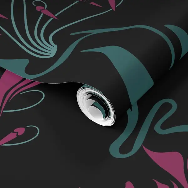 Spoonflower Fuchsia Floral Art Nouveau 1930s Custom Pre-pasted Wallpaper - Black,blue,green