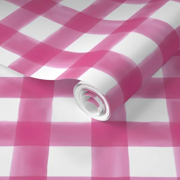 Spoonflower Watercolor Gingham Bright Pink Check Custom Removable Wallpaper - Pink,white