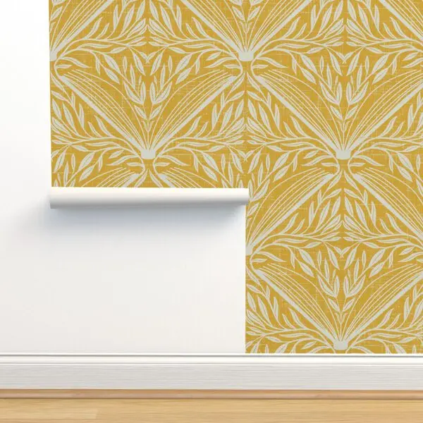 Spoonflower Literary Damask Goldenrod 100% Natural Sisal Grasscloth Wallcovering - White,yellow,orange