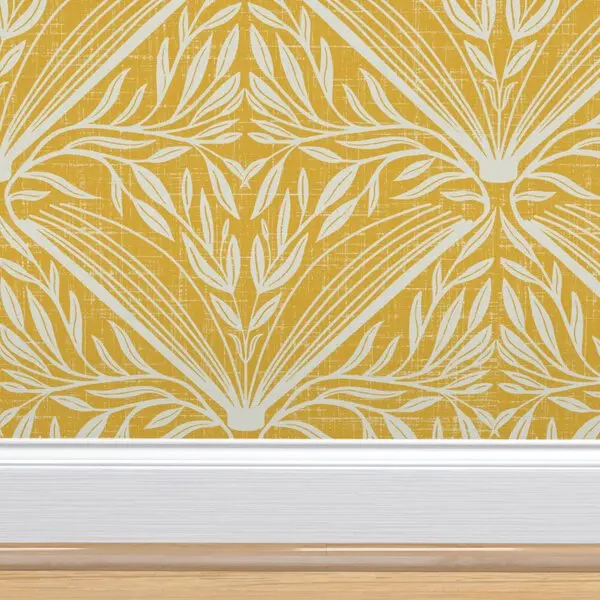 Spoonflower Literary Damask Goldenrod 100% Natural Sisal Grasscloth Wallcovering - White,yellow,orange