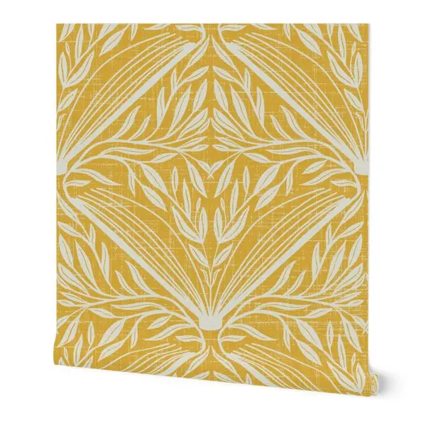 Spoonflower Literary Damask Goldenrod 100% Natural Sisal Grasscloth Wallcovering - White,yellow,orange