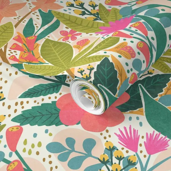 Spoonflower Bohemian Garden Tropical Jumbo Floral Summer Custom Removable Wallpaper - Green,pink,yellow