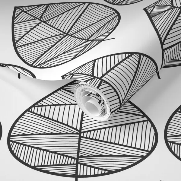 Spoonflower Black And White Leaves Modern Geometric Leaf Custom Pre-pasted Wallpaper - Black,white,gray
