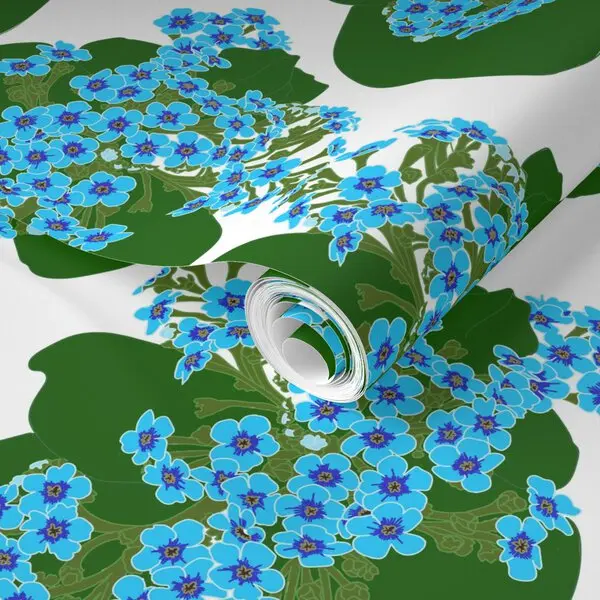 Spoonflower White Green Blue Flowers Floral Hand Drawn Traditional Wallpaper - Green,blue