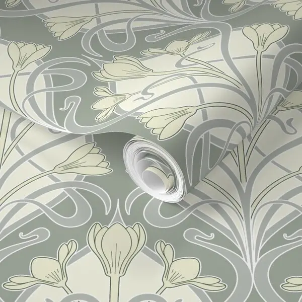 Spoonflower Cream Green Flowers Art Custom Pre-pasted Wallpaper - Sage,green,white