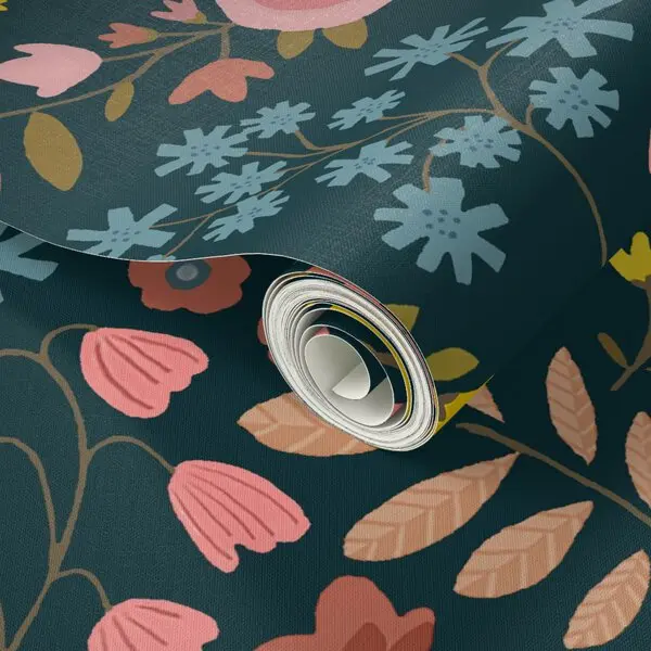 Spoonflower Pink Black Blue Yellow Flowers Floral Woodland Custom Pre-pasted Wallpaper - Black,pink,green