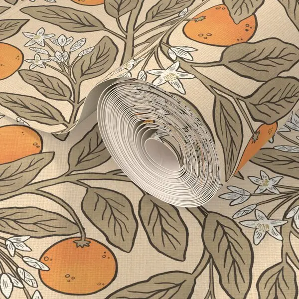 Spoonflower Art Nouveau Oranges Neutral Summer Medium Scale 100% Natural Sisal Grasscloth Wallcovering - Orange,beige