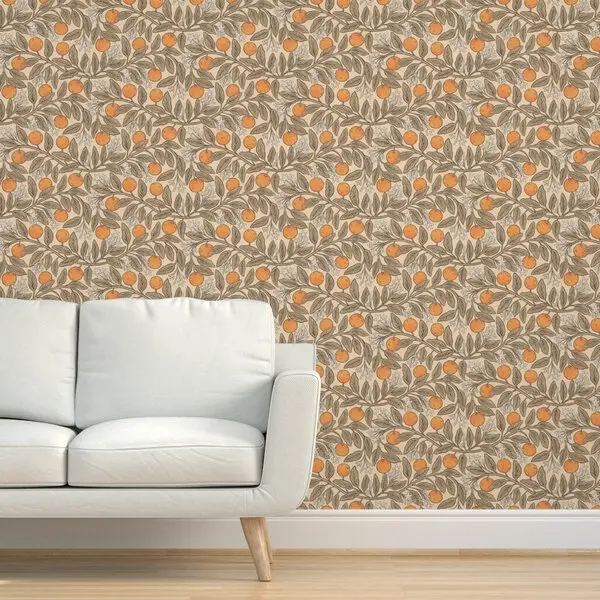 Spoonflower Art Nouveau Oranges Neutral Summer Medium Scale 100% Natural Sisal Grasscloth Wallcovering - Orange,beige