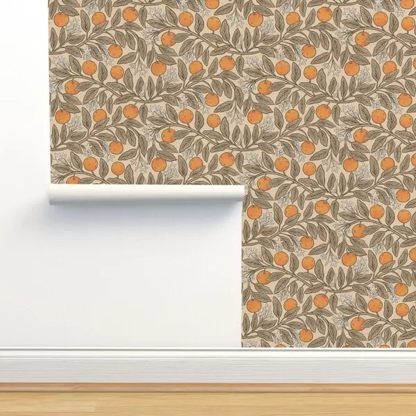 Spoonflower Art Nouveau Oranges Neutral Summer Medium Scale 100% Natural Sisal Grasscloth Wallcovering - Orange,beige