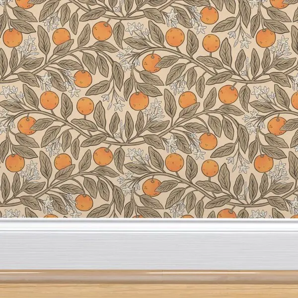 Spoonflower Art Nouveau Oranges Neutral Summer Medium Scale 100% Natural Sisal Grasscloth Wallcovering - Orange,beige
