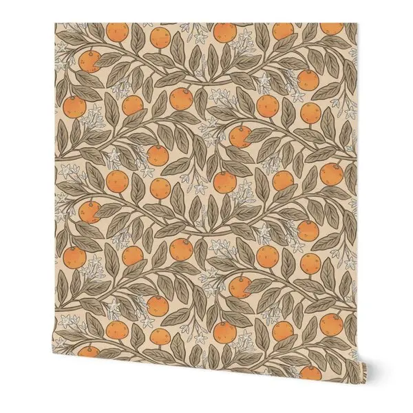 Spoonflower Art Nouveau Oranges Neutral Summer Medium Scale 100% Natural Sisal Grasscloth Wallcovering - Orange,beige