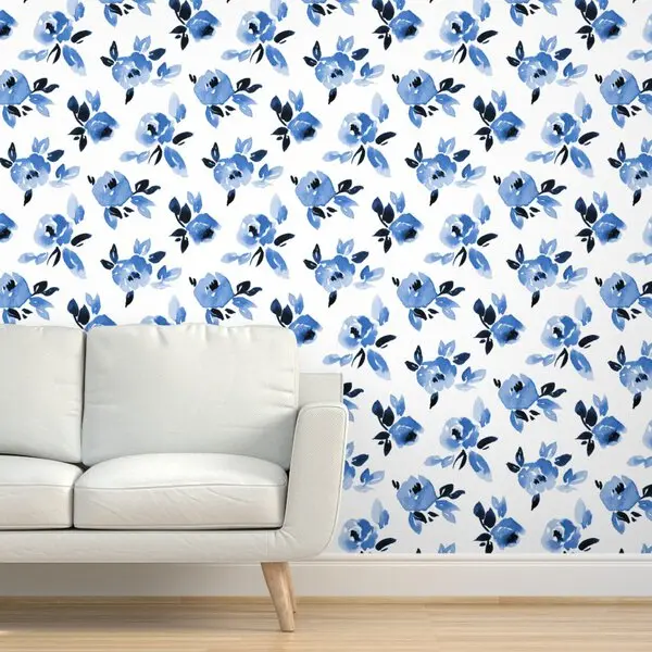 Spoonflower Flower Blue Floral Abstract Rose Fresh Beautiful Custom Pre-pasted Wallpaper - Blue,gray