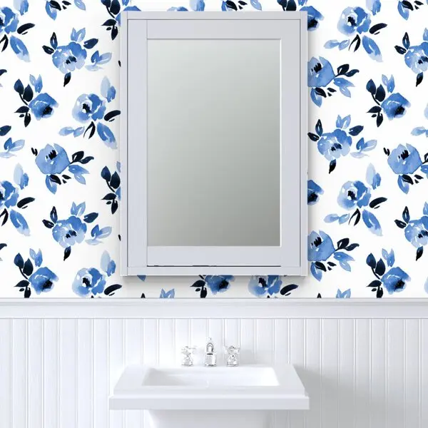 Spoonflower Flower Blue Floral Abstract Rose Fresh Beautiful Custom Pre-pasted Wallpaper - Blue,gray