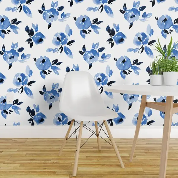 Spoonflower Flower Blue Floral Abstract Rose Fresh Beautiful Custom Pre-pasted Wallpaper - Blue,gray