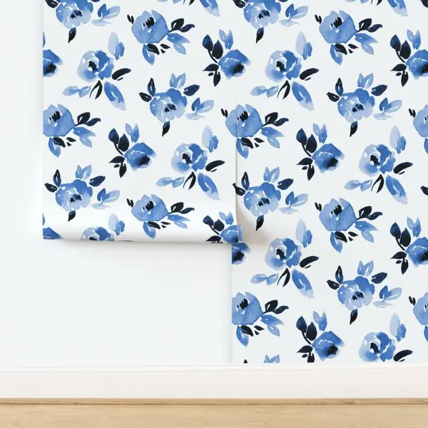 Spoonflower Flower Blue Floral Abstract Rose Fresh Beautiful Custom Pre-pasted Wallpaper - Blue,gray