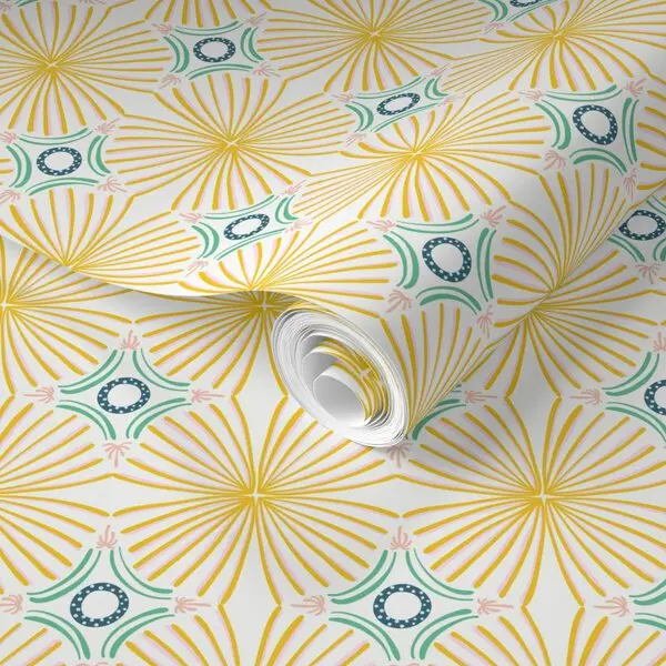 Spoonflower Pink Green Blue Yellow Gold Art Deco Beach Custom Pre-pasted Wallpaper - Beige,yellow,mint