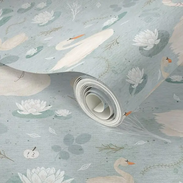 Spoonflower Swan Lake Duck Egg Blue Orange Swimming Birds Custom Pre-pasted Wallpaper - Gray,white