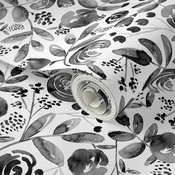 Spoonflower Black And White Flowers Floral Nature Spring Custom Pre-pasted Wallpaper - Black,white,gray