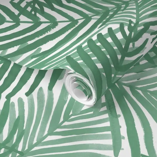 Spoonflower Palm Print Tropical Palms Watercolor Painted Custom Pre-pasted Wallpaper - Green,white,mint